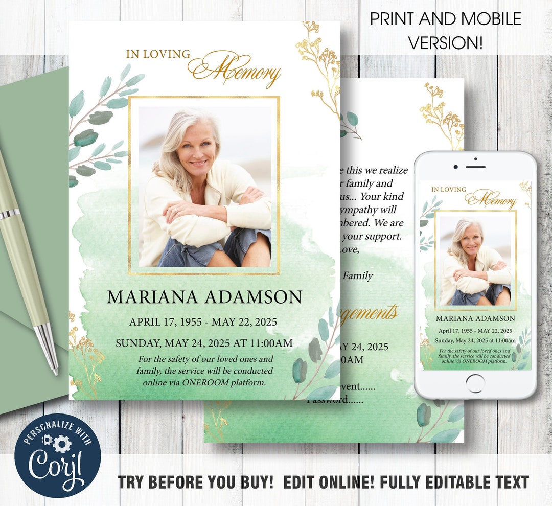 Greenery Funeral Announcement Template. Editable. Greenery and - Etsy