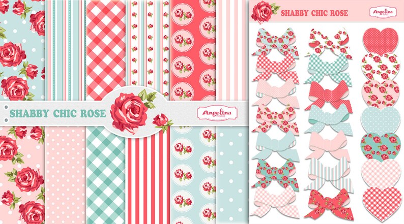 Shabby Chic Set. 12 Digital Papers Red and Blue. 21 Digital - Etsy