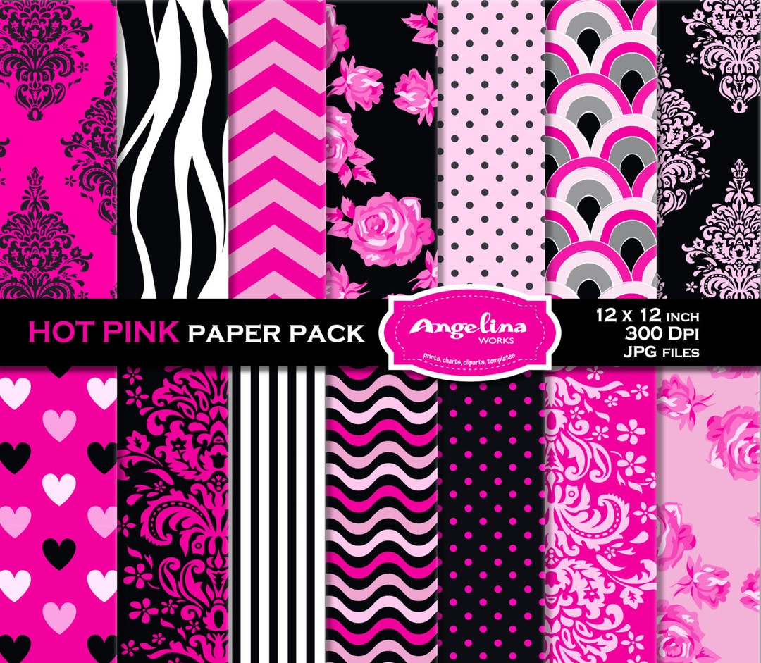Hot Pink and Black Damask Digital Scrapbook Papers. 14 Digital ...