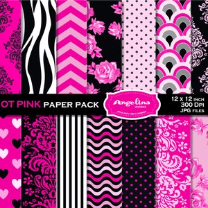 Hot Pink and Black Damask Digital Scrapbook Papers. 14 Digital ...