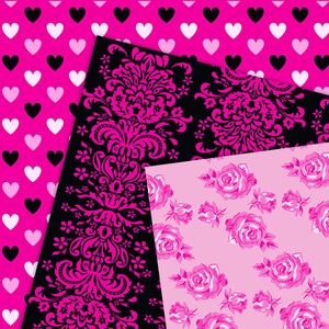 Hot Pink and Black Damask Digital Scrapbook Papers. 14 Digital ...