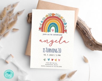 Editable Rainbow Birthday Invitation for Any Age, Boho Rainbow Party Invite Template, Instant ...