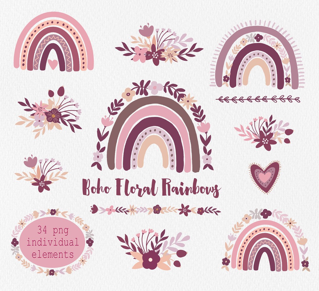 34 Boho Rainbow Floral Clip Art. Pastel Dusty Pink and - Etsy