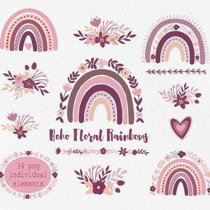 34 Boho Rainbow Floral Clip Art. Pastel Dusty Pink and - Etsy