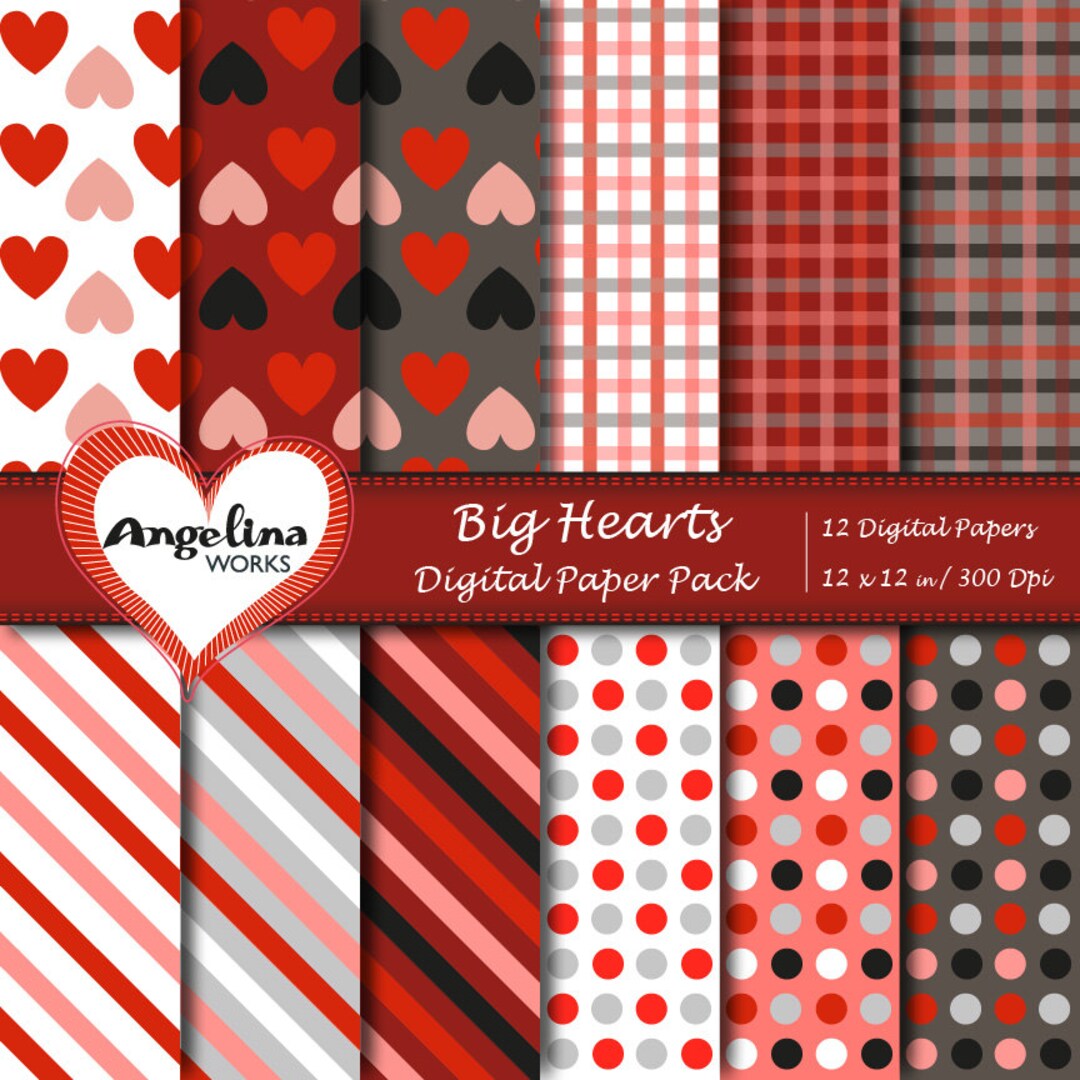 12 Digital Red and Black Valentine Love Scrapbook Paper Pack for ...