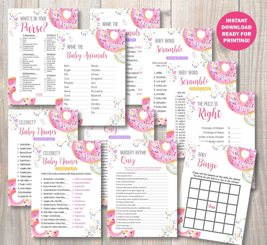 Pink Donut Baby Shower Games, Pink Donut Party. 7 Digital Printable ...