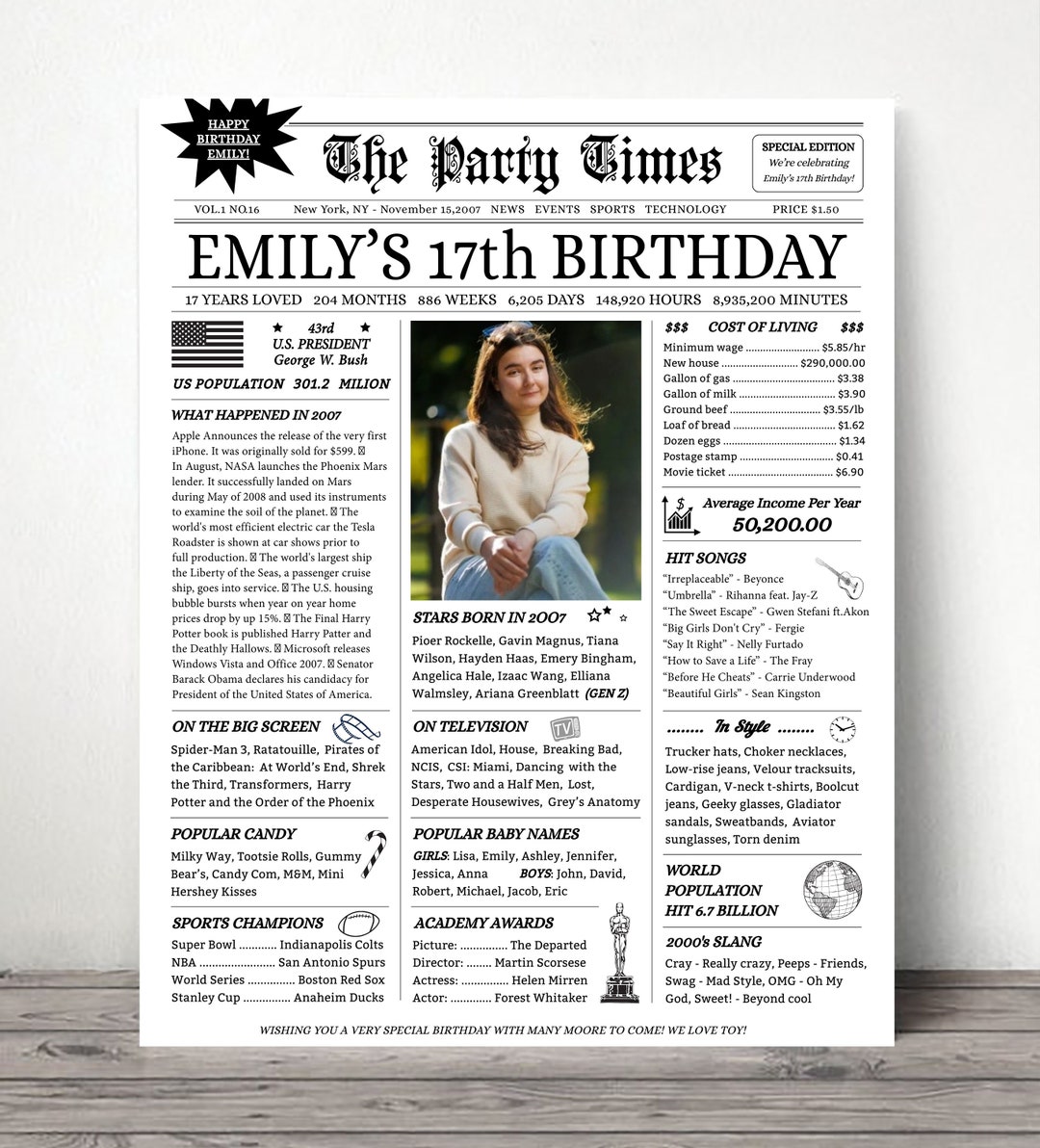 Born in 2007, 17th Birthday Newspaper Poster Sign, 17 Birthday AMERICAN ...
