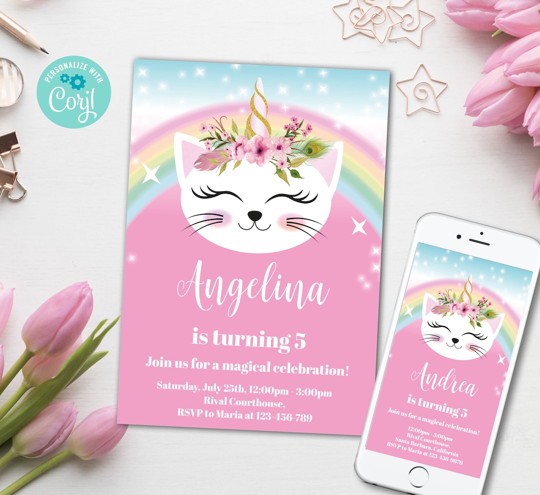 Editable Caticorn Birthday Party Invitation - Etsy