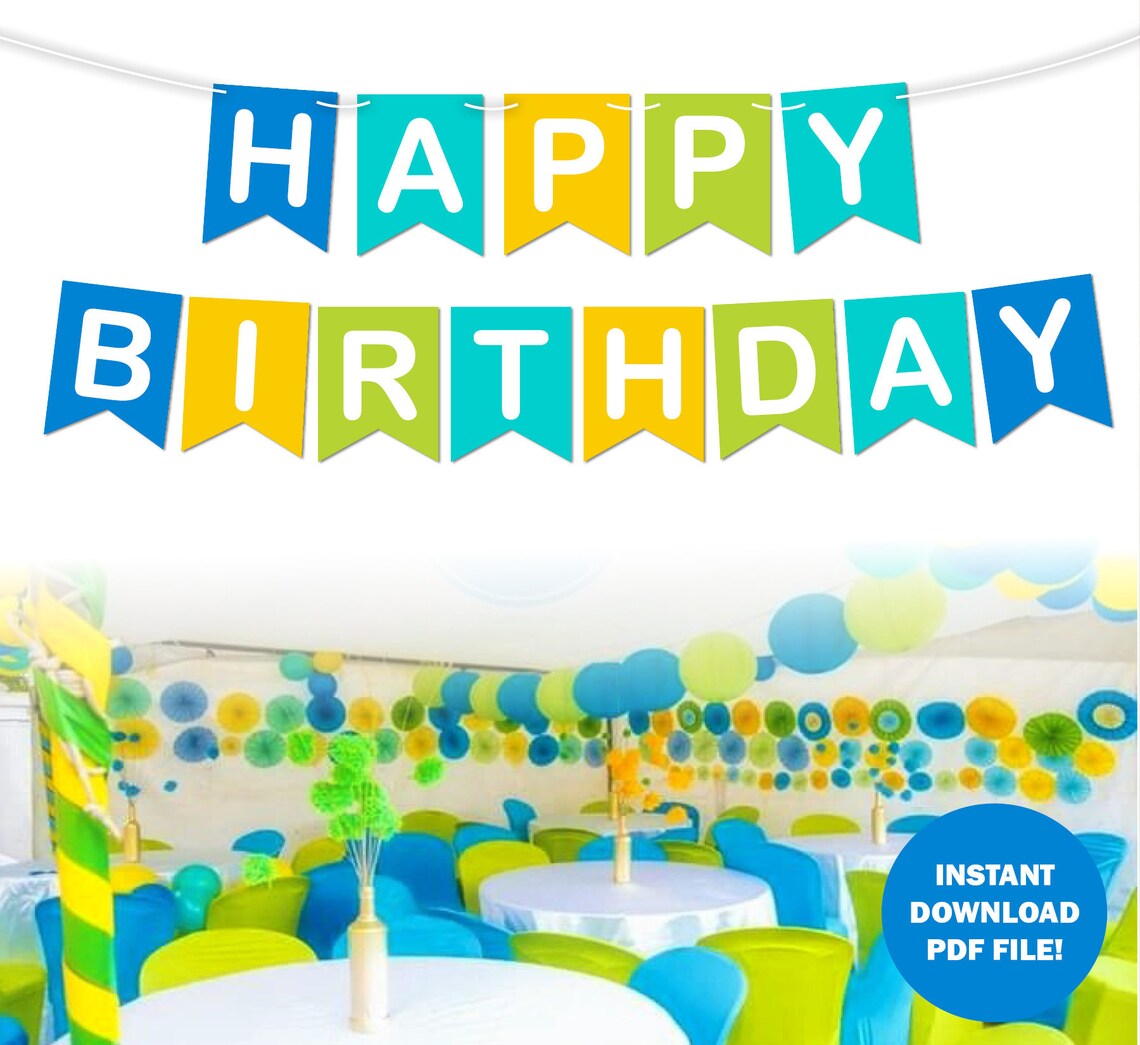 Printable Happy Birthday Banner / Blue Yellow Green / Birthday - Etsy