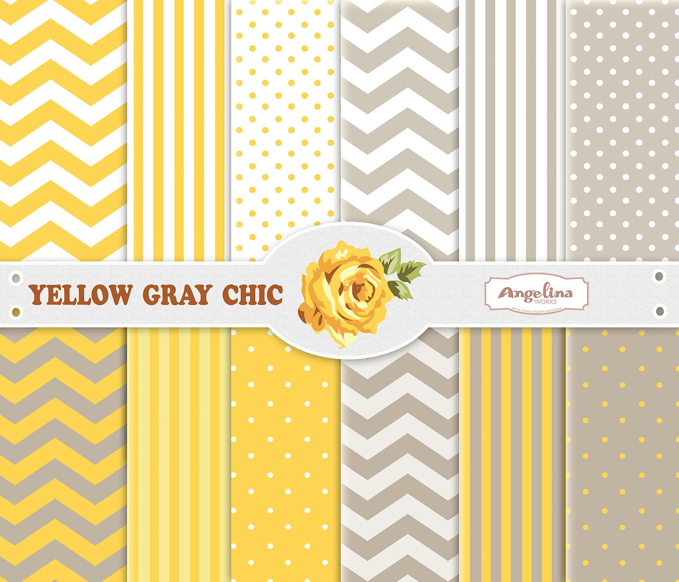 12 Digital Yellow Gray Chevron Scrapbook Paper Pack for - Etsy