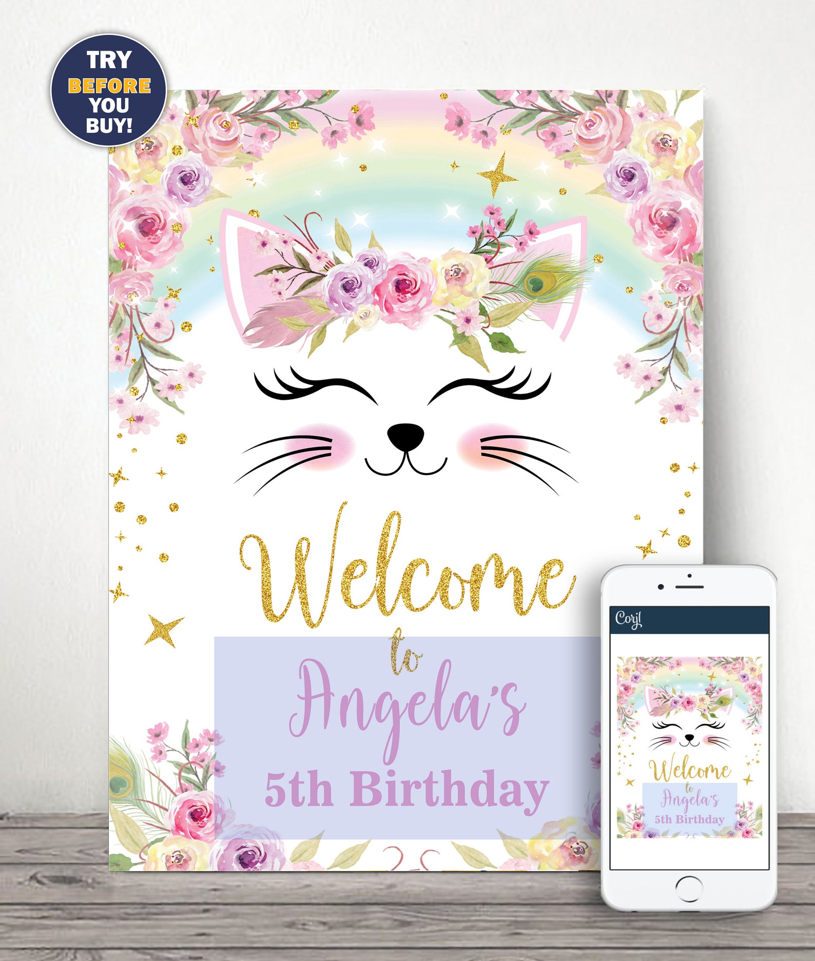 Cat Cat Rainbow Birthday Party Sign / Kitten Kitty Party / - Etsy