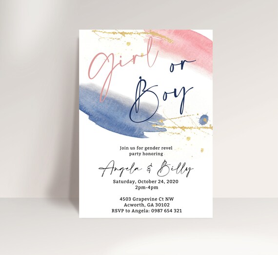 Modern Blush And Navy Gender Reveal Digital Invitation Etsy