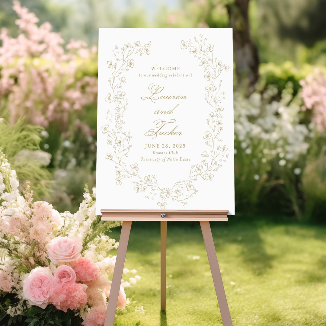 LAUREN | Floral Wreath Wedding Welcome Sign, Gold, Black Tie Wedding ...