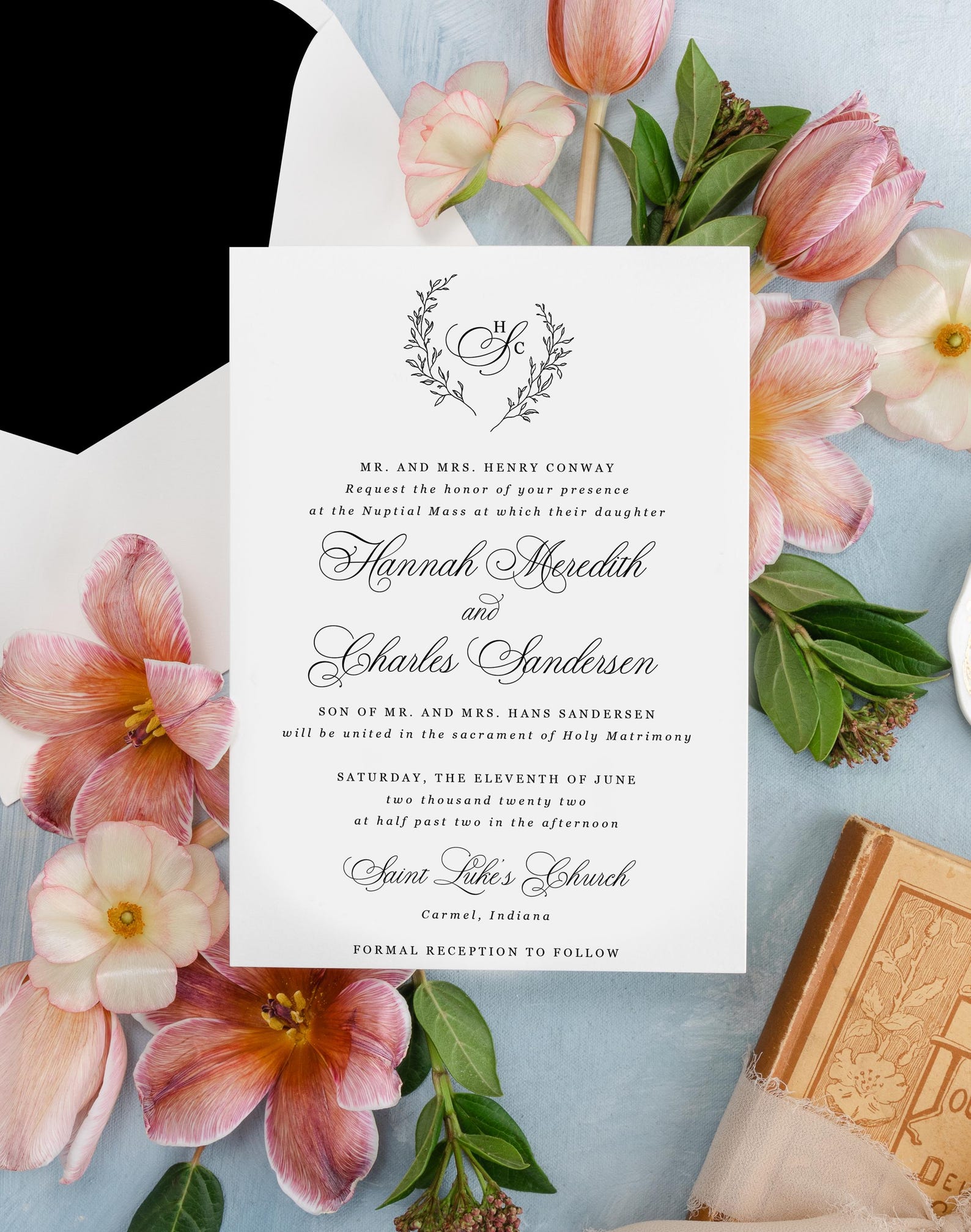 HANNAH | Classic Wedding Invitations: Floral Crest, Black Tie Wedding ...