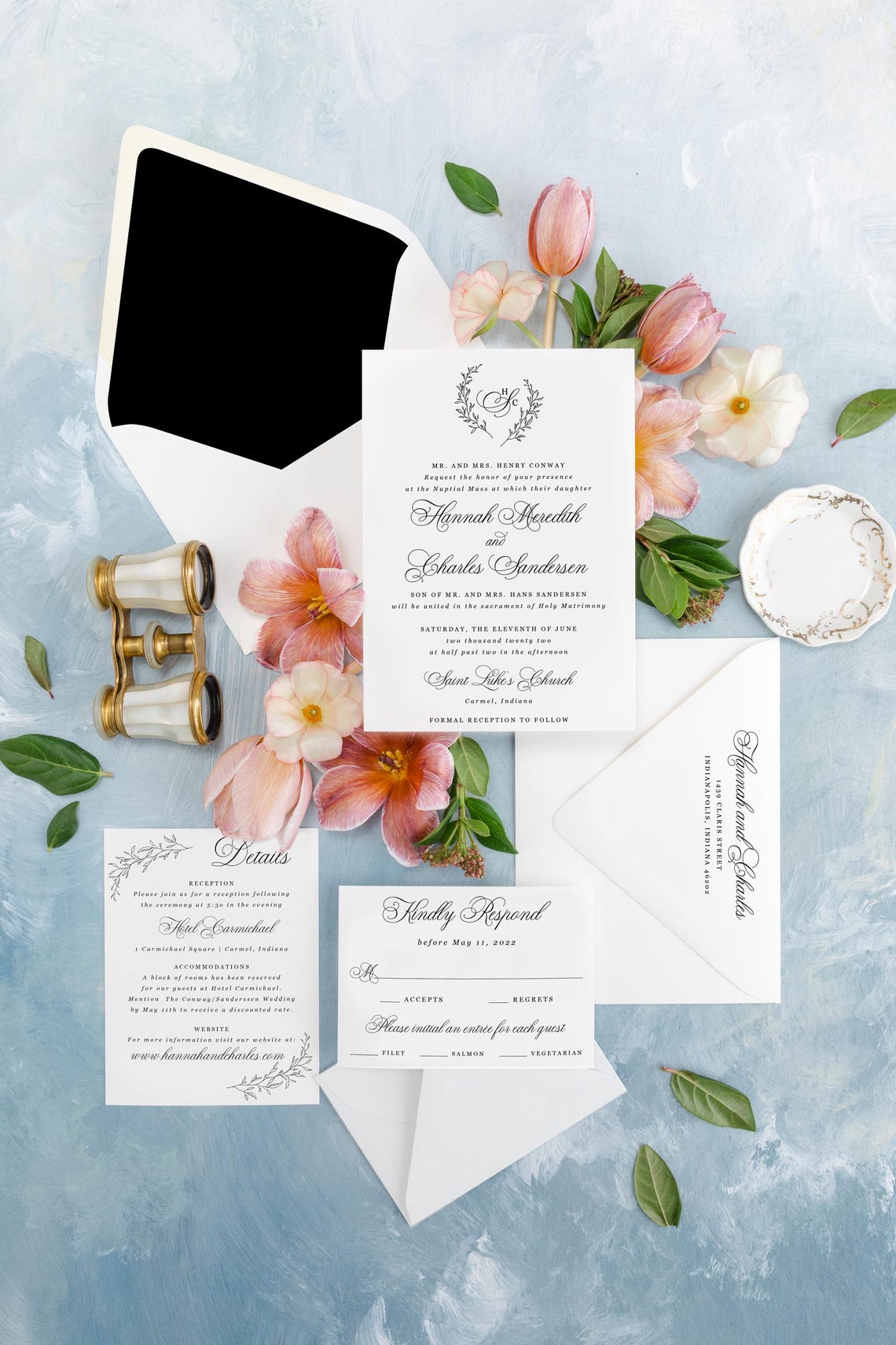 HANNAH | Classic Wedding Invitations: Floral Crest, Black Tie Wedding ...