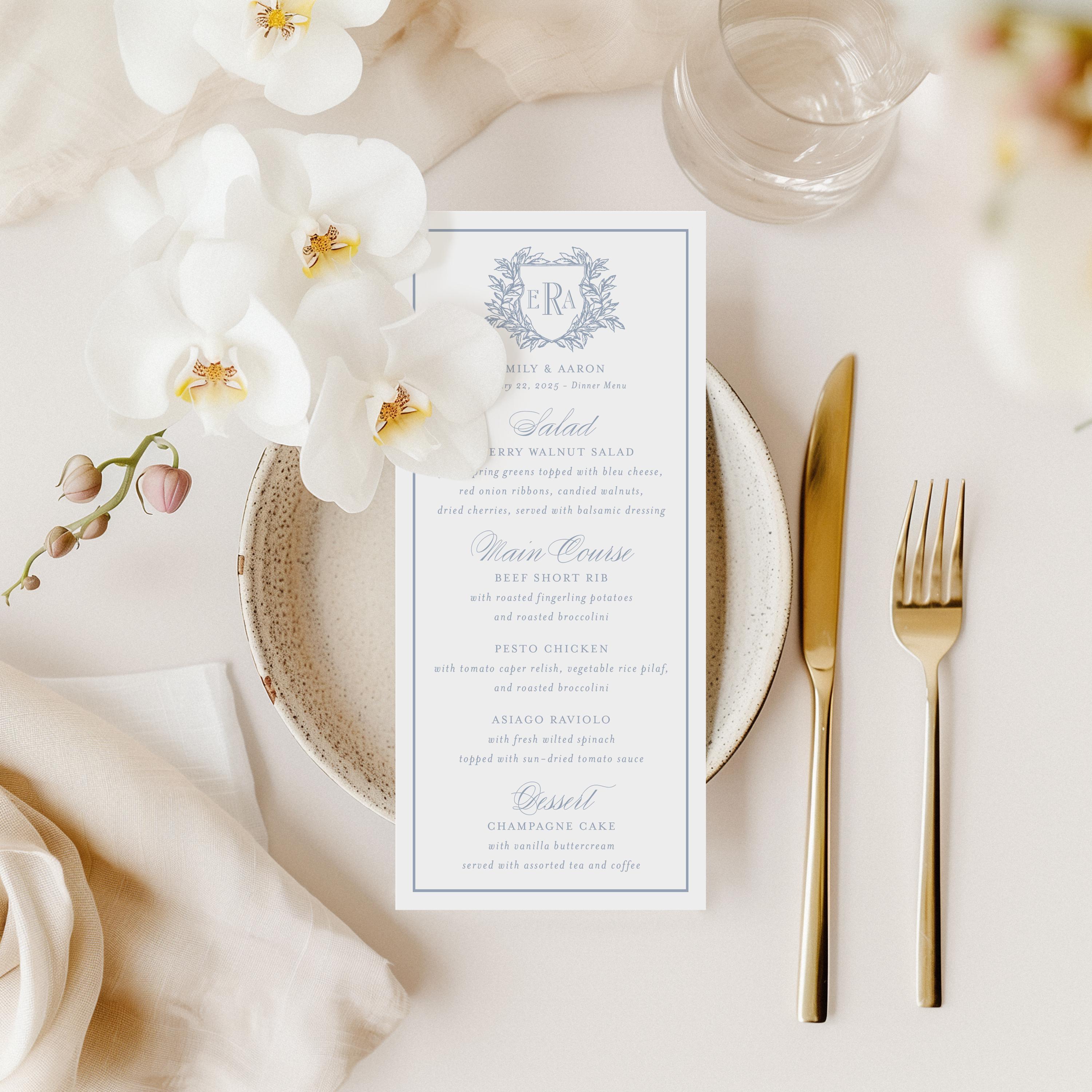 EMILY | Monogram Wedding Menu: Dusty Blue Elegant Design (digital File ...