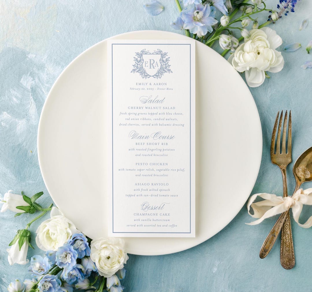 EMILY | Monogram Wedding Menu, Dusty Blue, Printed Wedding Menus or ...
