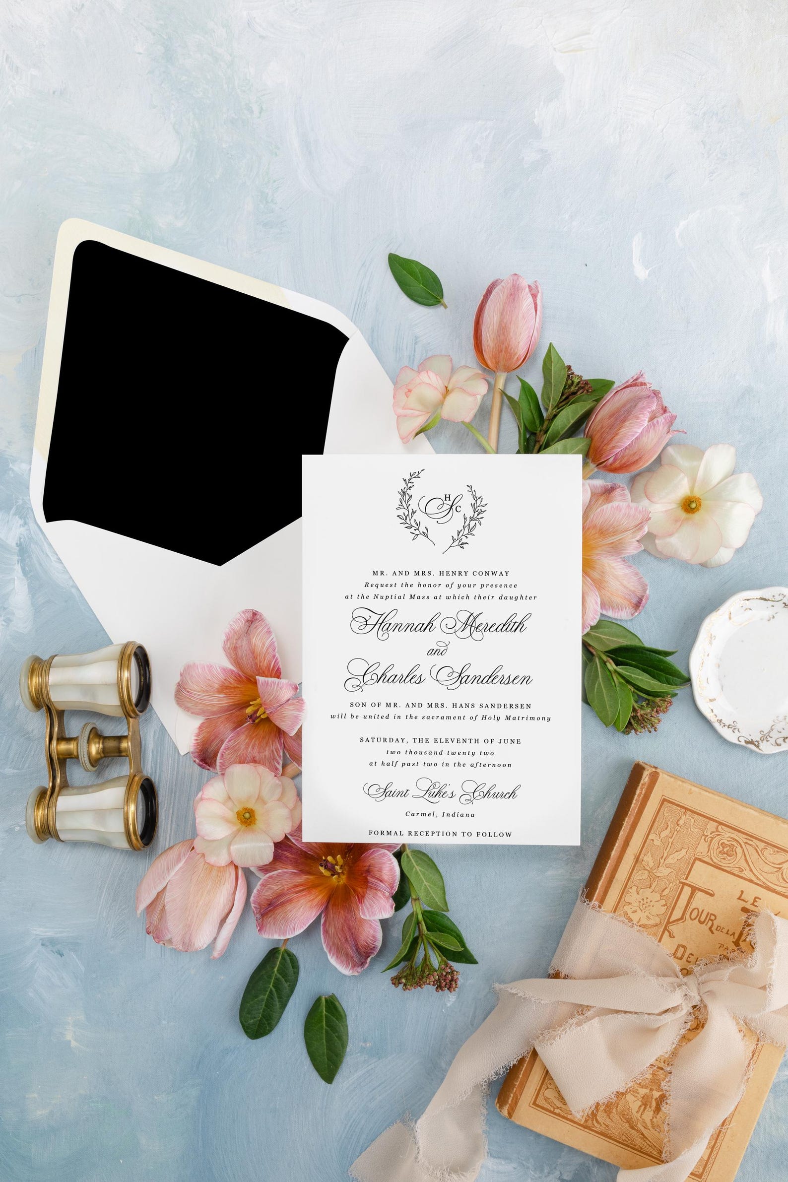 HANNAH | Classic Wedding Invitations: Floral Crest, Black Tie Wedding ...
