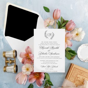 HANNAH | Classic Wedding Invitations: Floral Crest, Black Tie Wedding ...