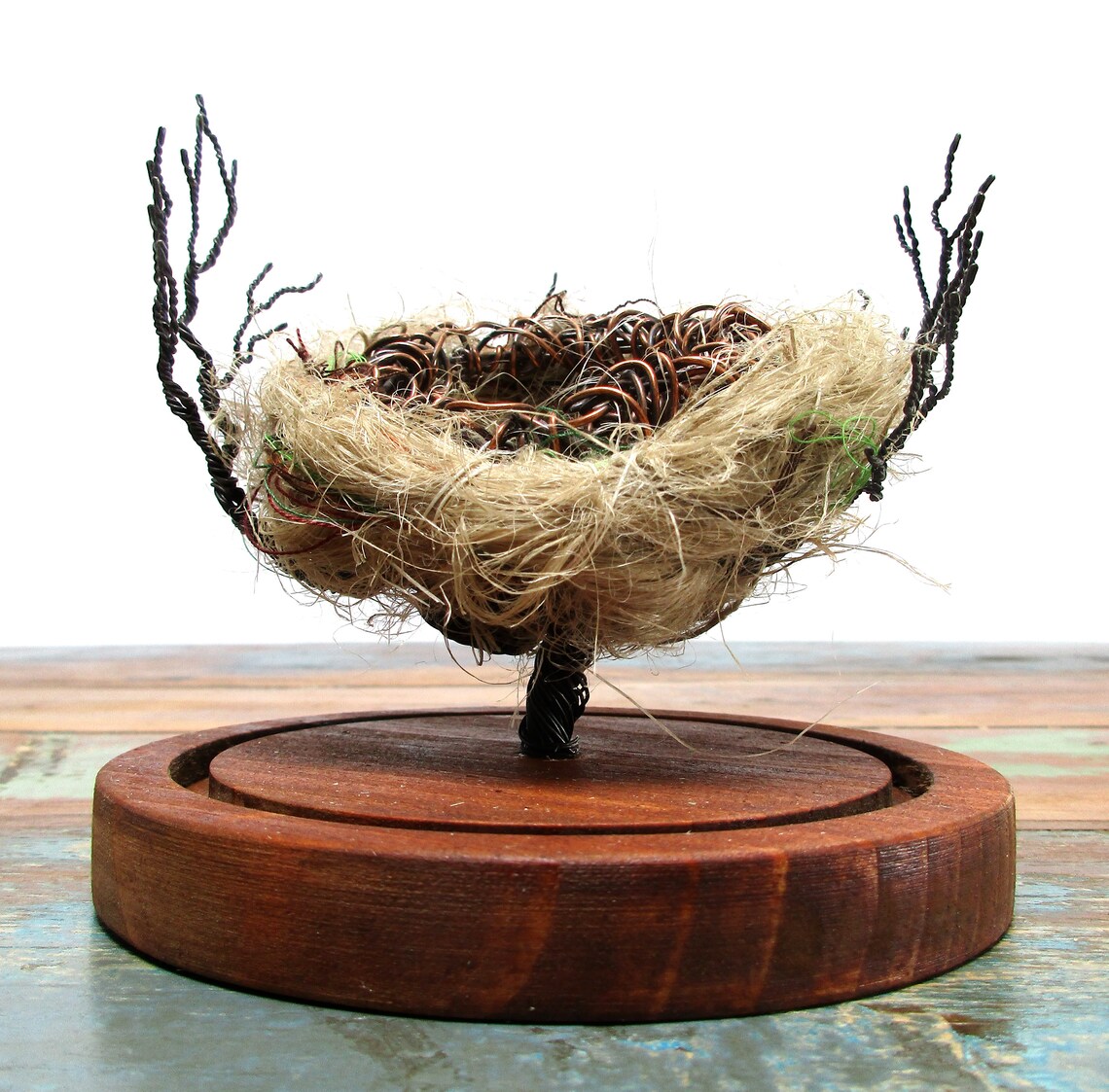 Nest Copper Flax and Thread Nest Cradled in Wire Branches. - Etsy