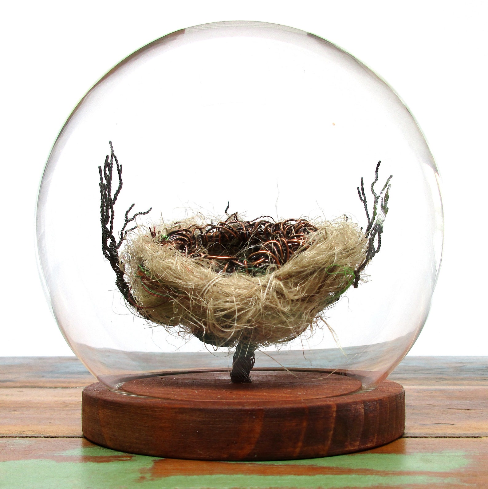 Nest Copper Flax and Thread Nest Cradled in Wire Branches. - Etsy