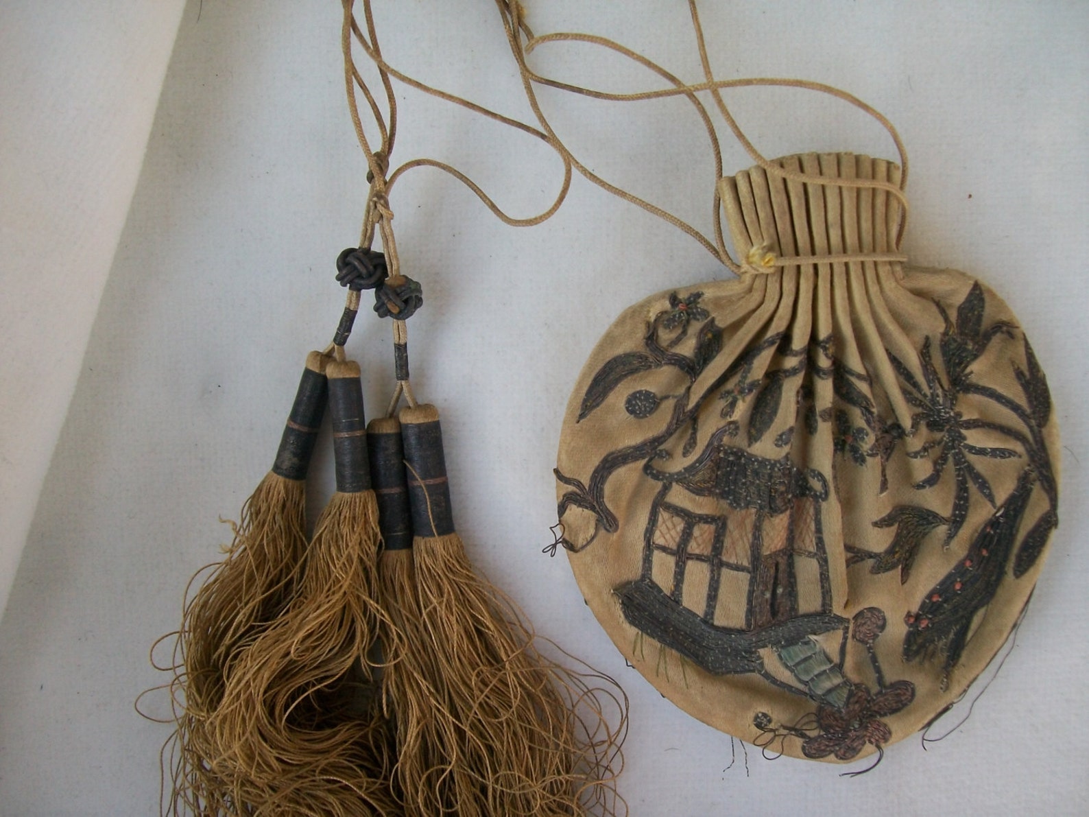 Antique 19th Century Chinese Drawstring Purse Embroidered and Gold ...