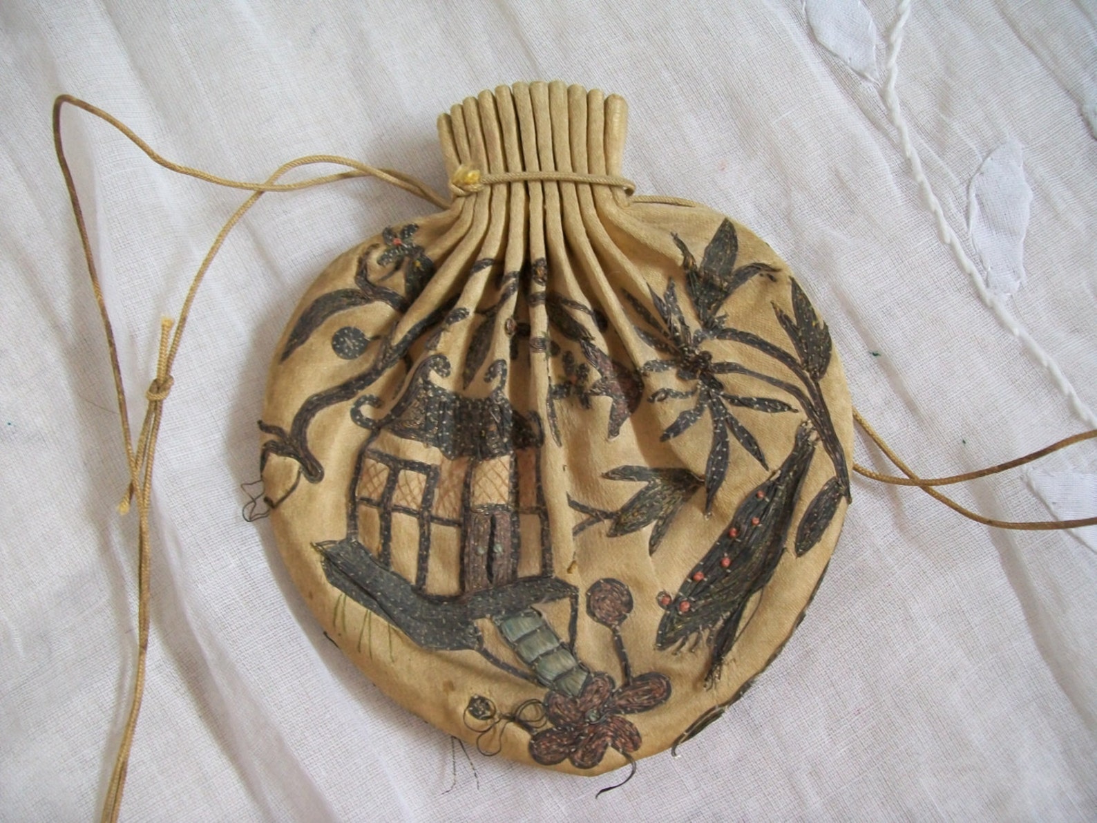 Antique 19th Century Chinese Drawstring Purse Embroidered and Gold ...