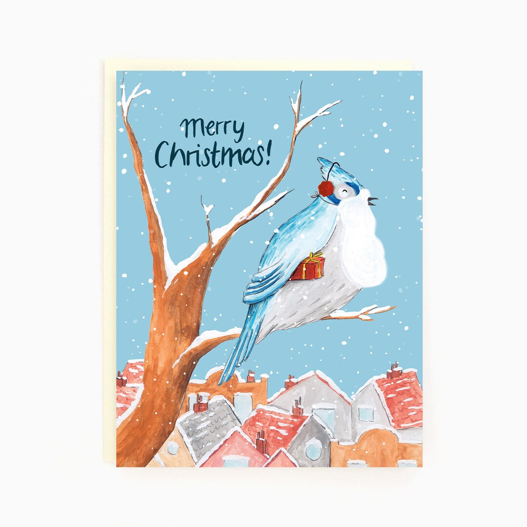 Merry Christmas Holiday Blue Jay Funny Animal Christmas Greeting Card ...