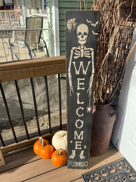 Welcome Skeleton Halloween Porch Primitive Sign - Etsy