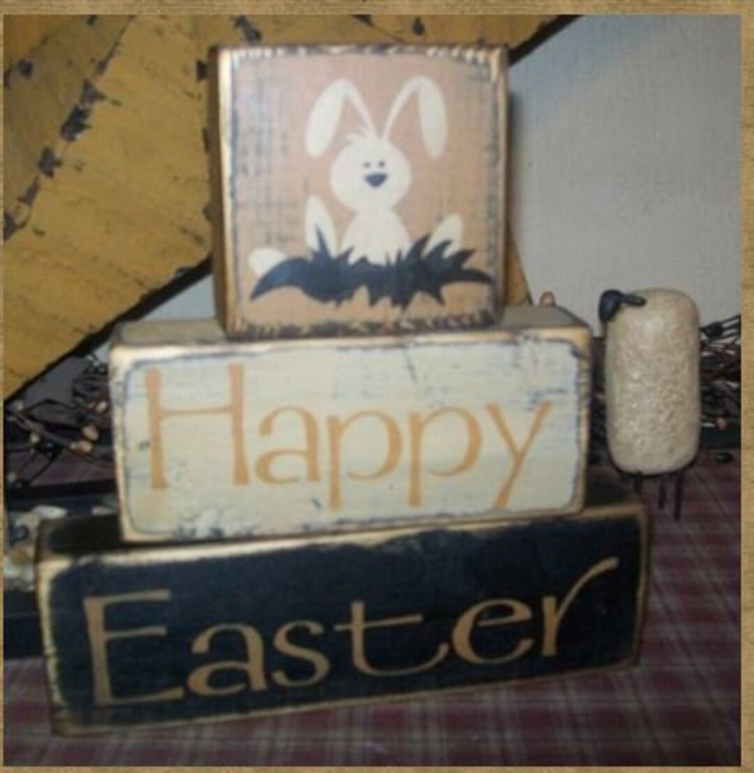 HAPPY EASTER Bunny Primitive Block Sign - Etsy
