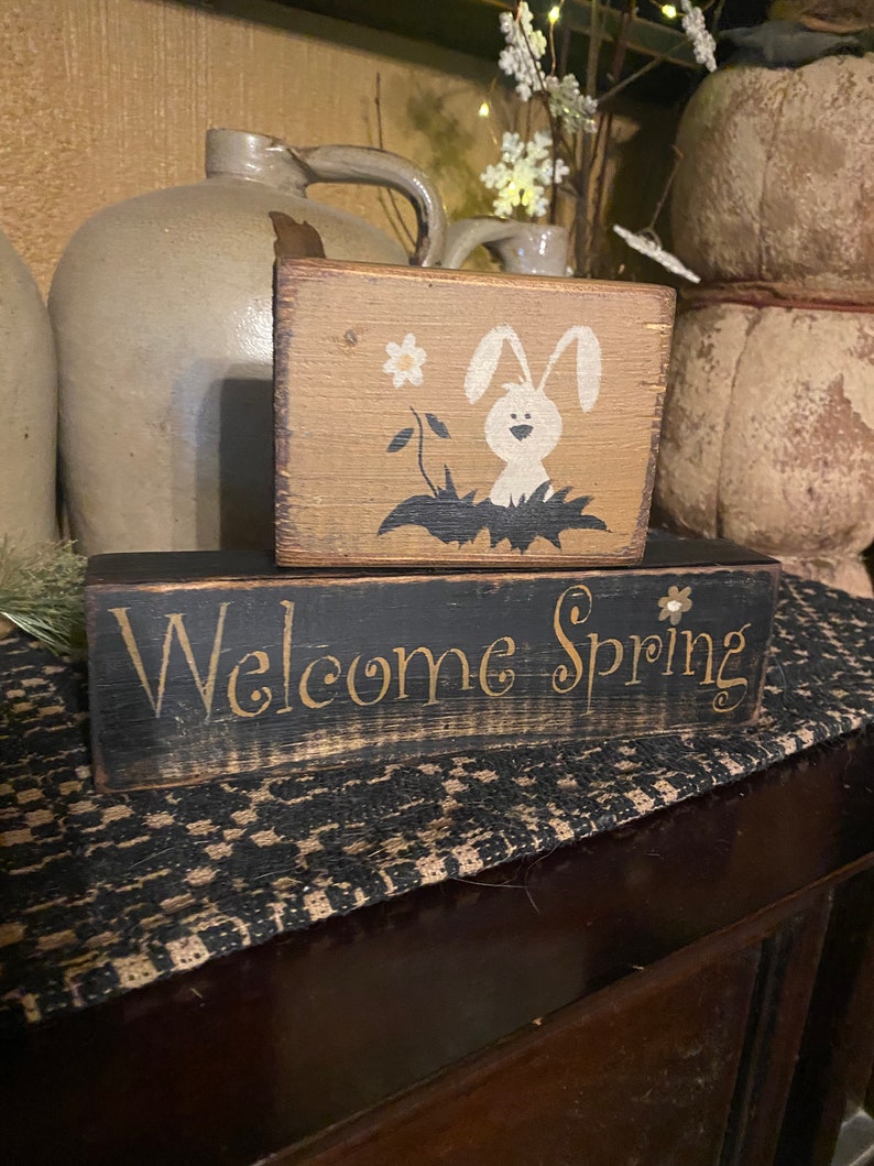 Welcome Spring Bunny Primitive Sign Blocks - Etsy
