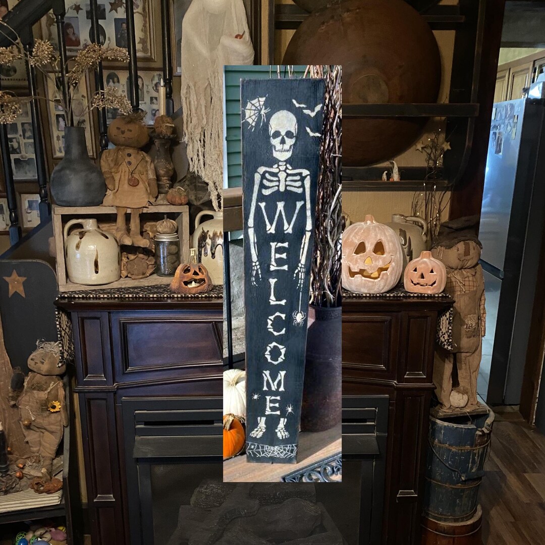 Welcome Skeleton Halloween Porch Primitive Sign - Etsy