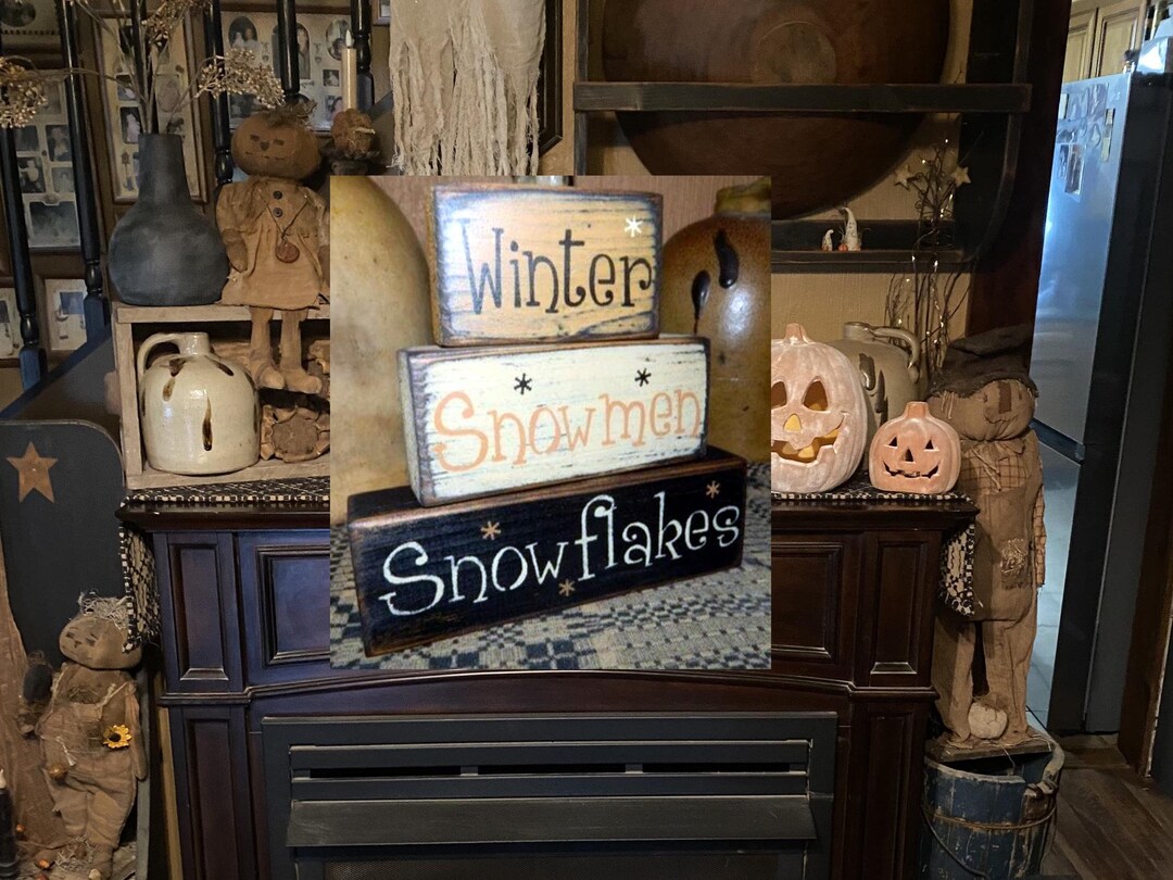 Winter Snowmen Snowflakes Primitive Block Sign - Etsy