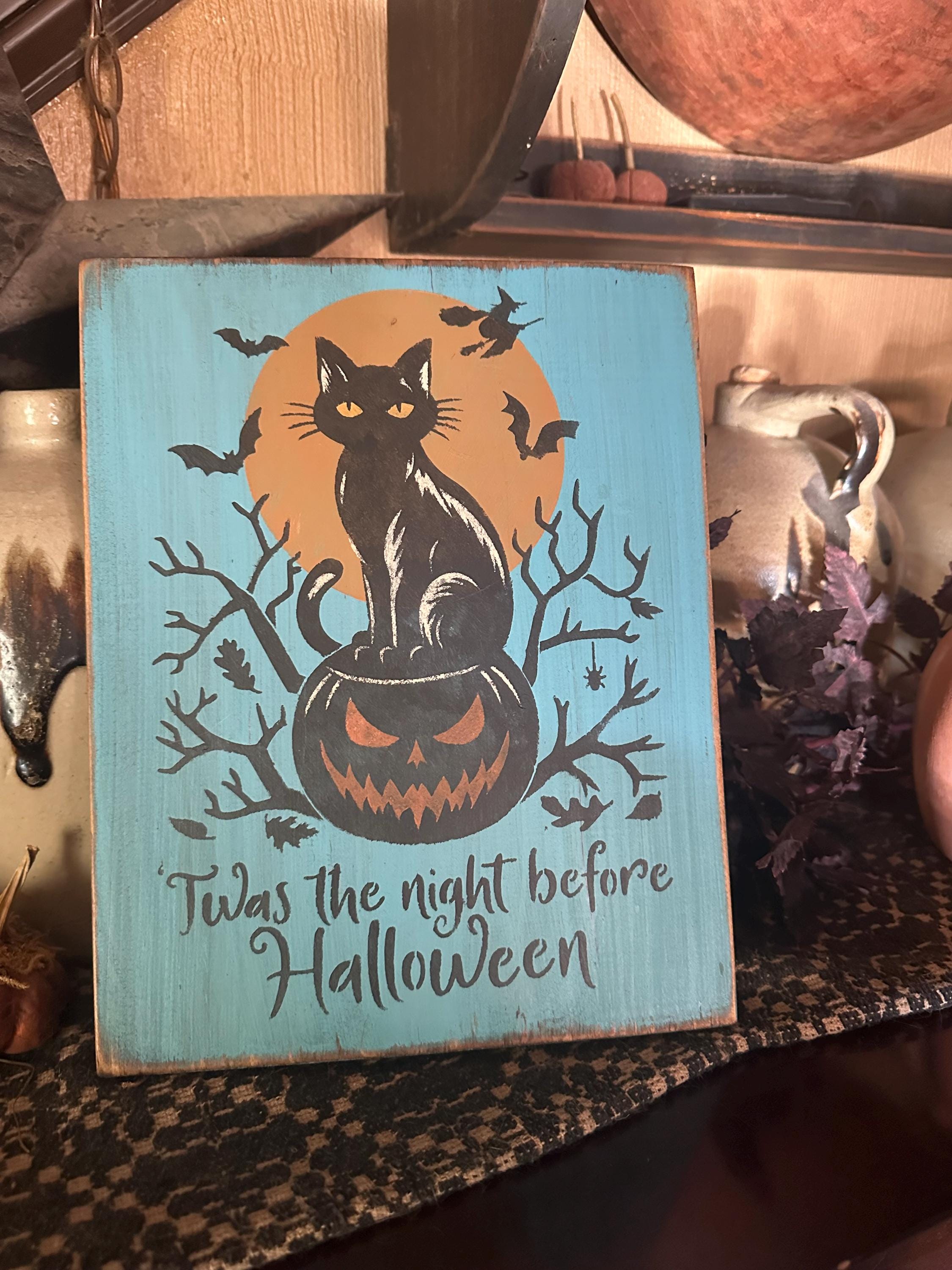 Twas the Night Before Halloween Cat Moon Primitive Halloween Sign - Etsy