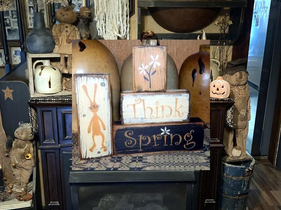 Think Spring Bunny Flower Primitive Block Sign - Etsy