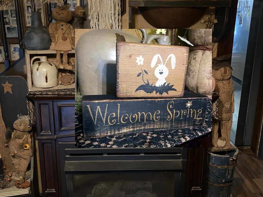 Welcome Spring Bunny Primitive Sign Blocks - Etsy