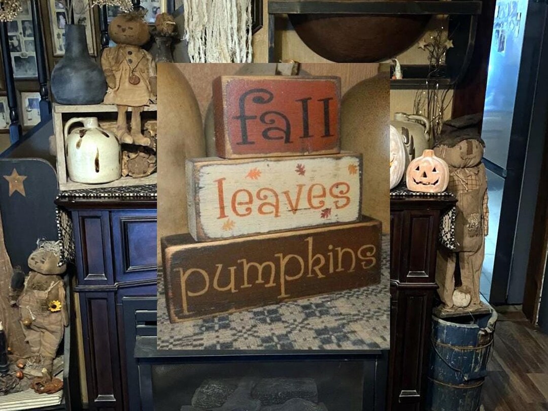 Fall Leaves Pumpkins Primitive Block Sign - Etsy