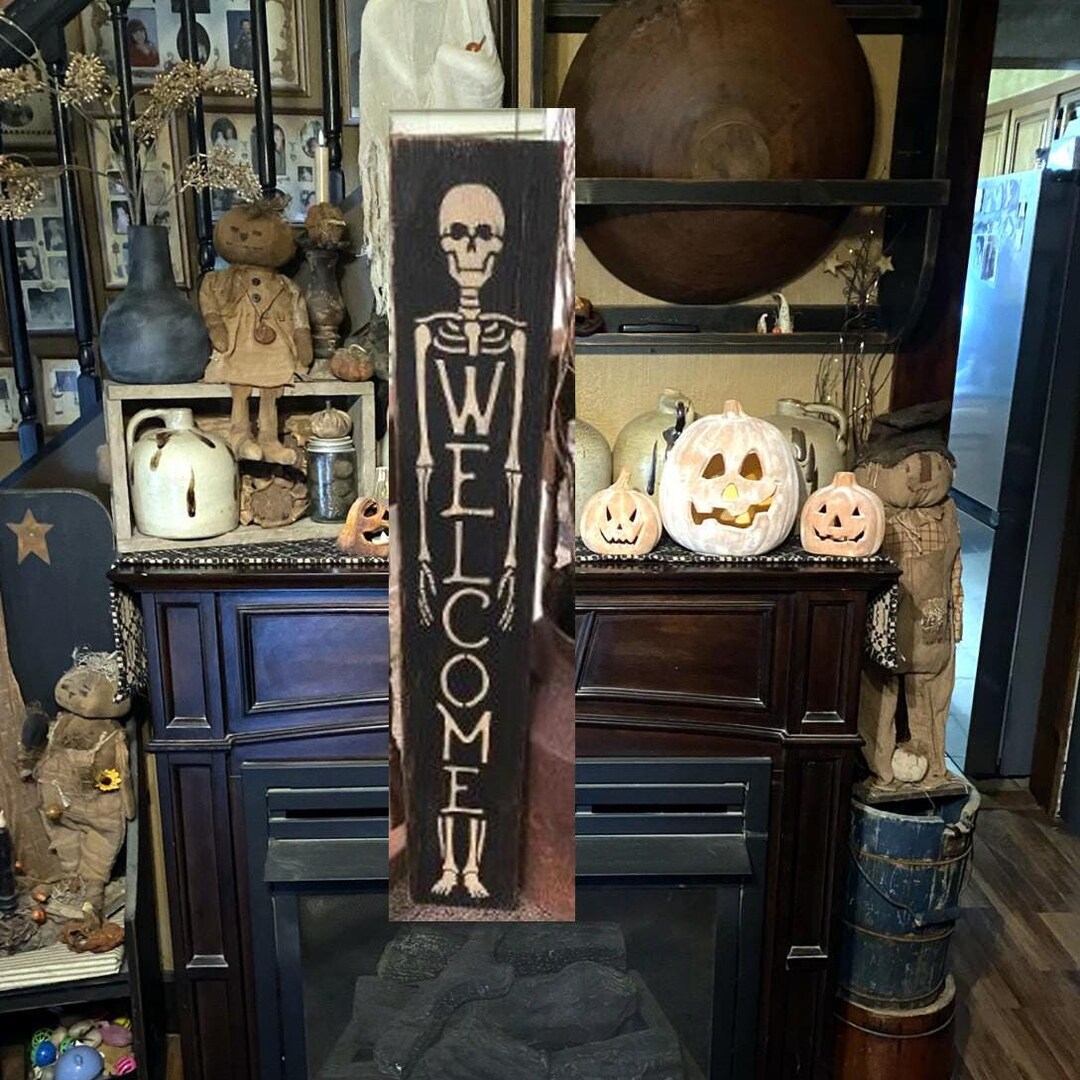 Welcome Skeleton Halloween Porch Primitive Sign - Etsy