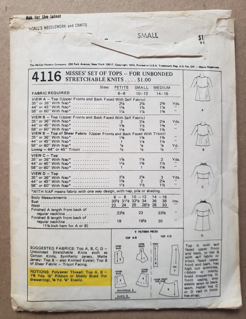 Vintage Mccall's Top Pattern 4116 Size Small - Etsy