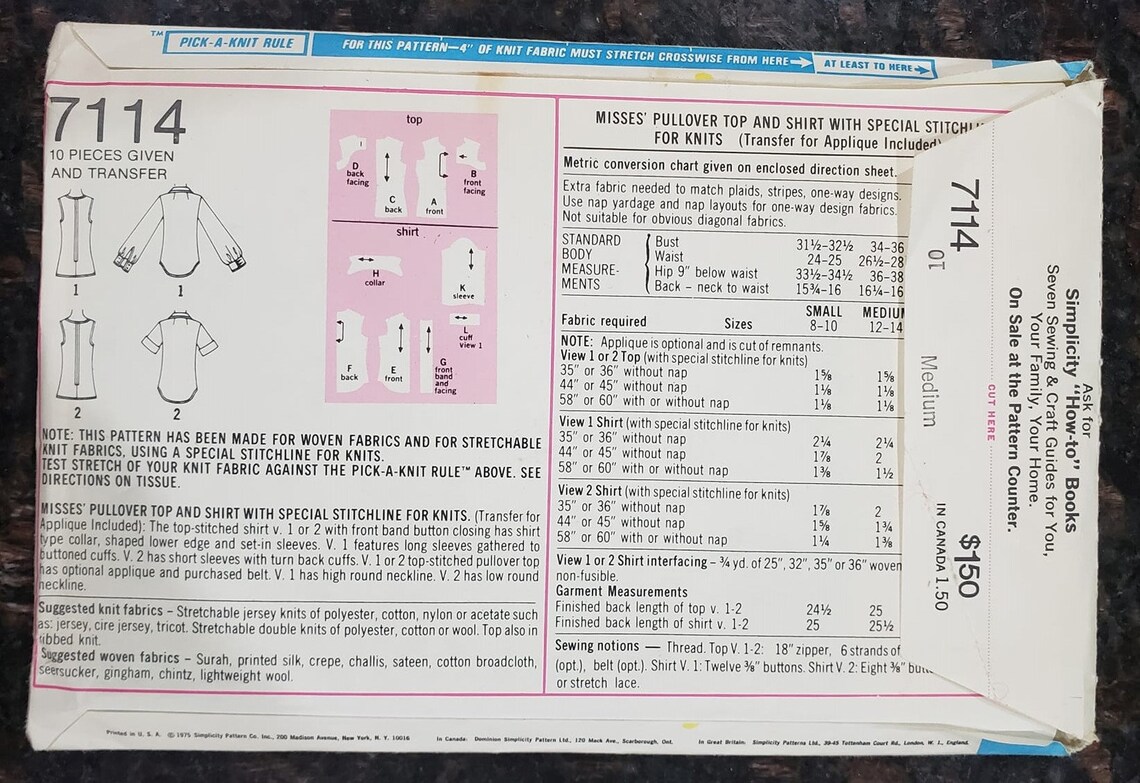 Vintage Simplicity Pattern 7114 Misses Size Medium 12-14 - Etsy