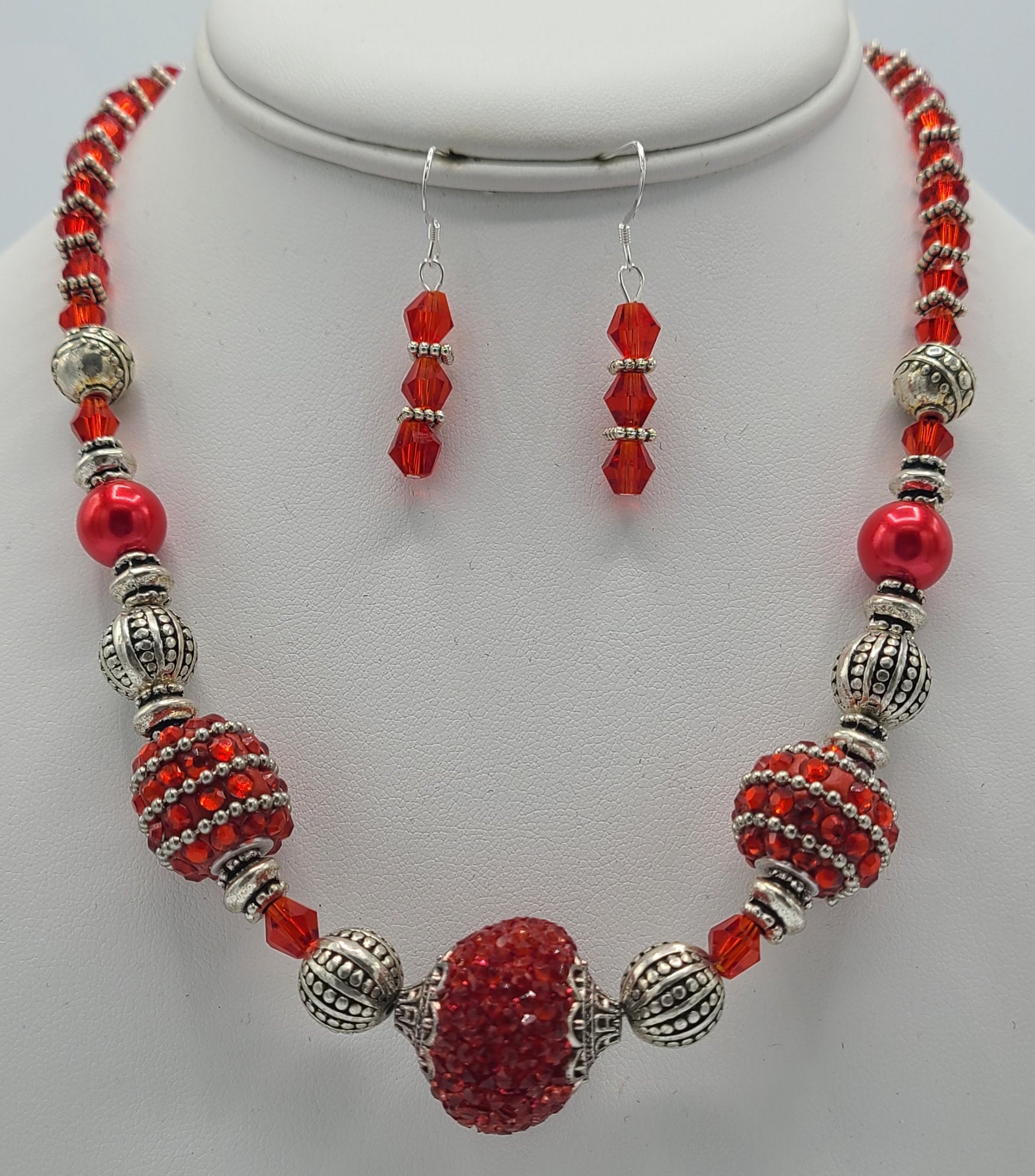Red and Silver Necklace & Earring Set - Etsy