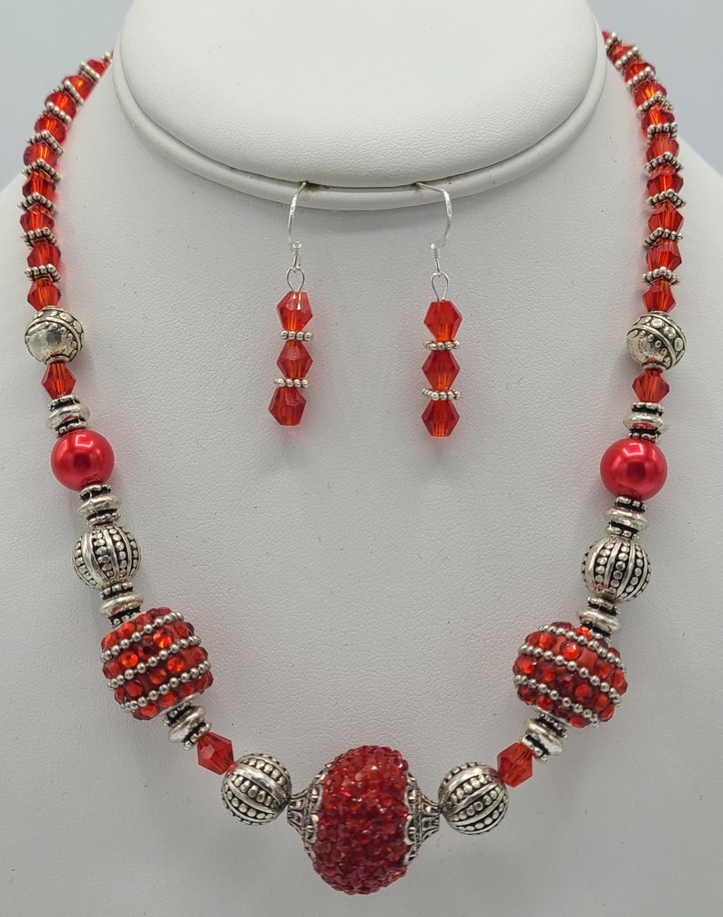 Red and Silver Necklace & Earring Set - Etsy