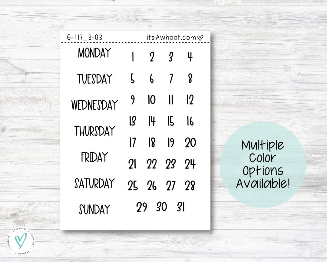 Days of the Week and Date Dots Planner Stickers (G117_3) - Etsy