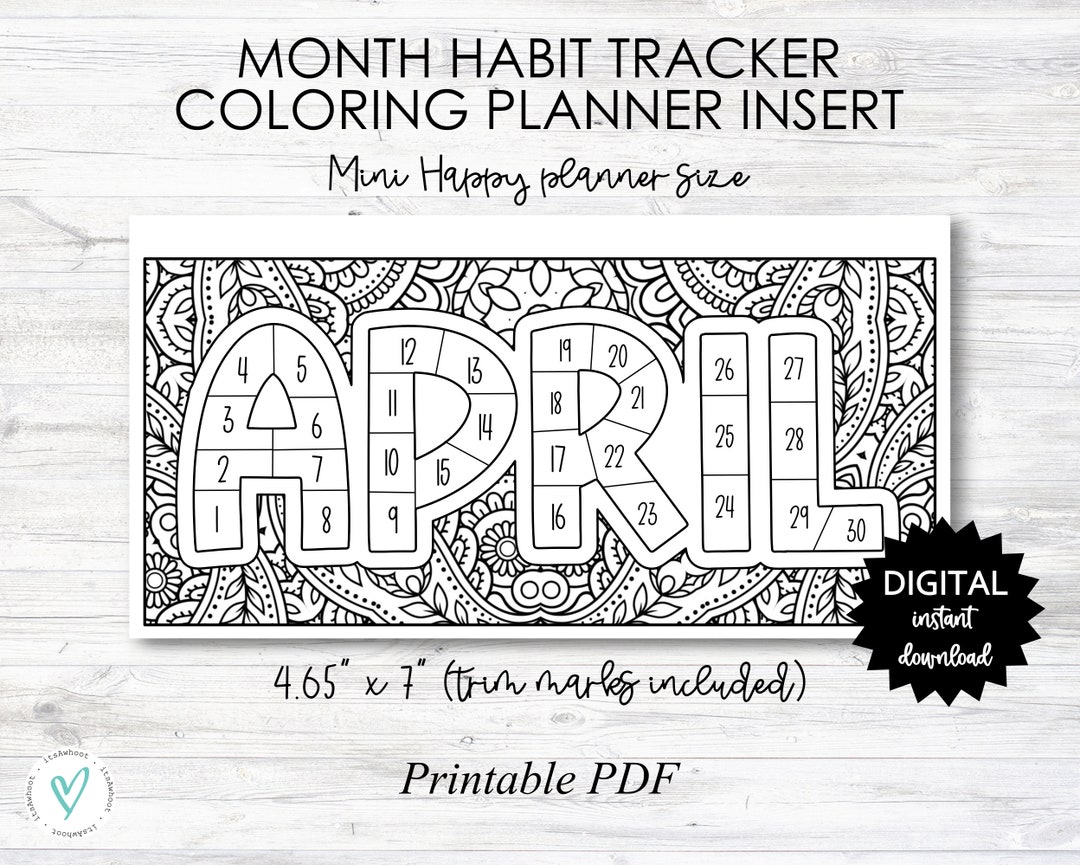 April Habit Tracker Coloring Sheet Printable - Happy Planner MINI Size ...