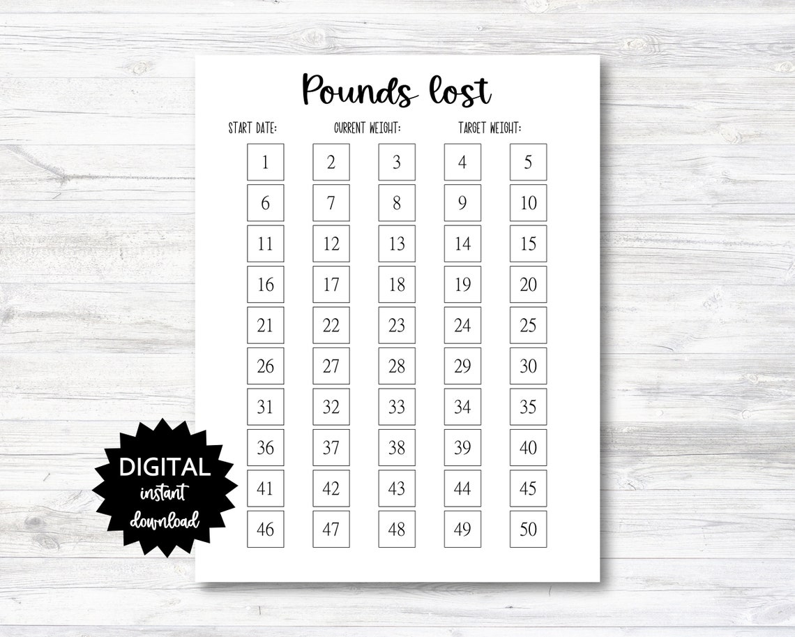 Pounds Lost Printable, 50 Pounds Lost Tracker, 50 Lbs Lost Digital ...