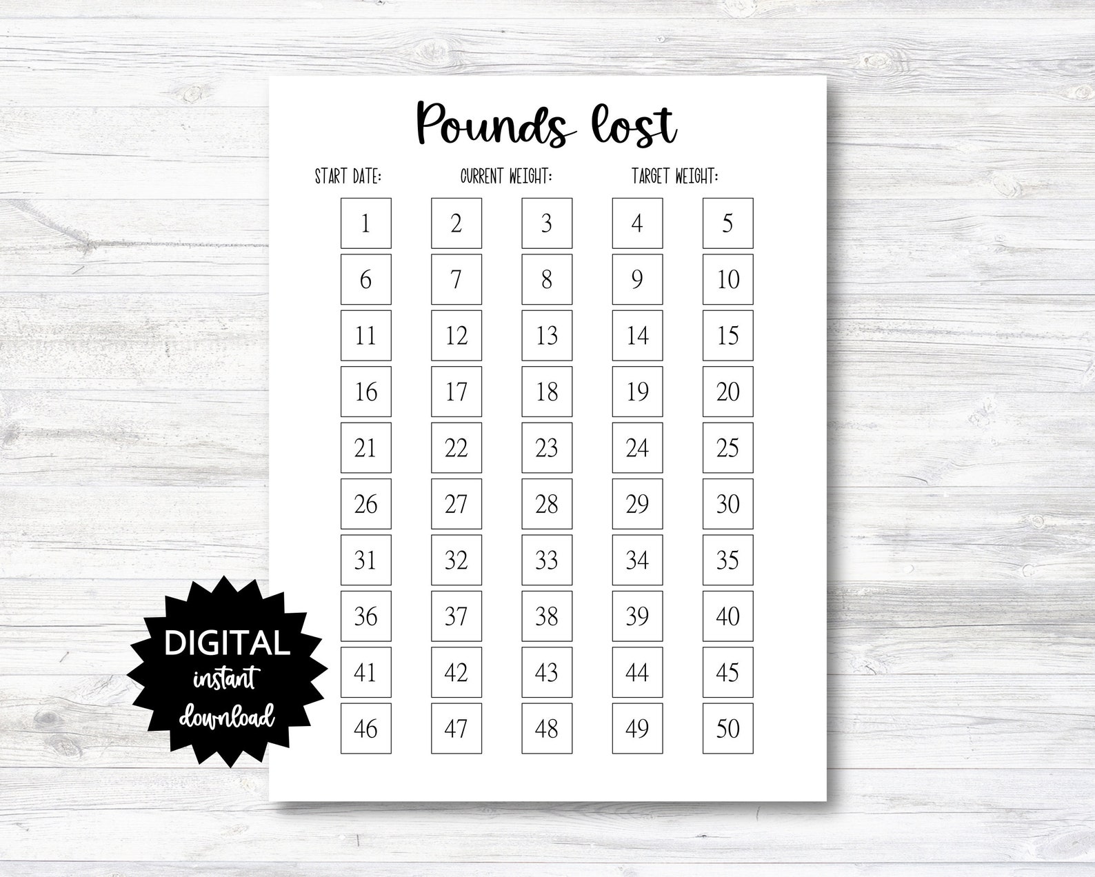 Pounds Lost Printable, 50 Pounds Lost Tracker, 50 Lbs Lost Digital ...