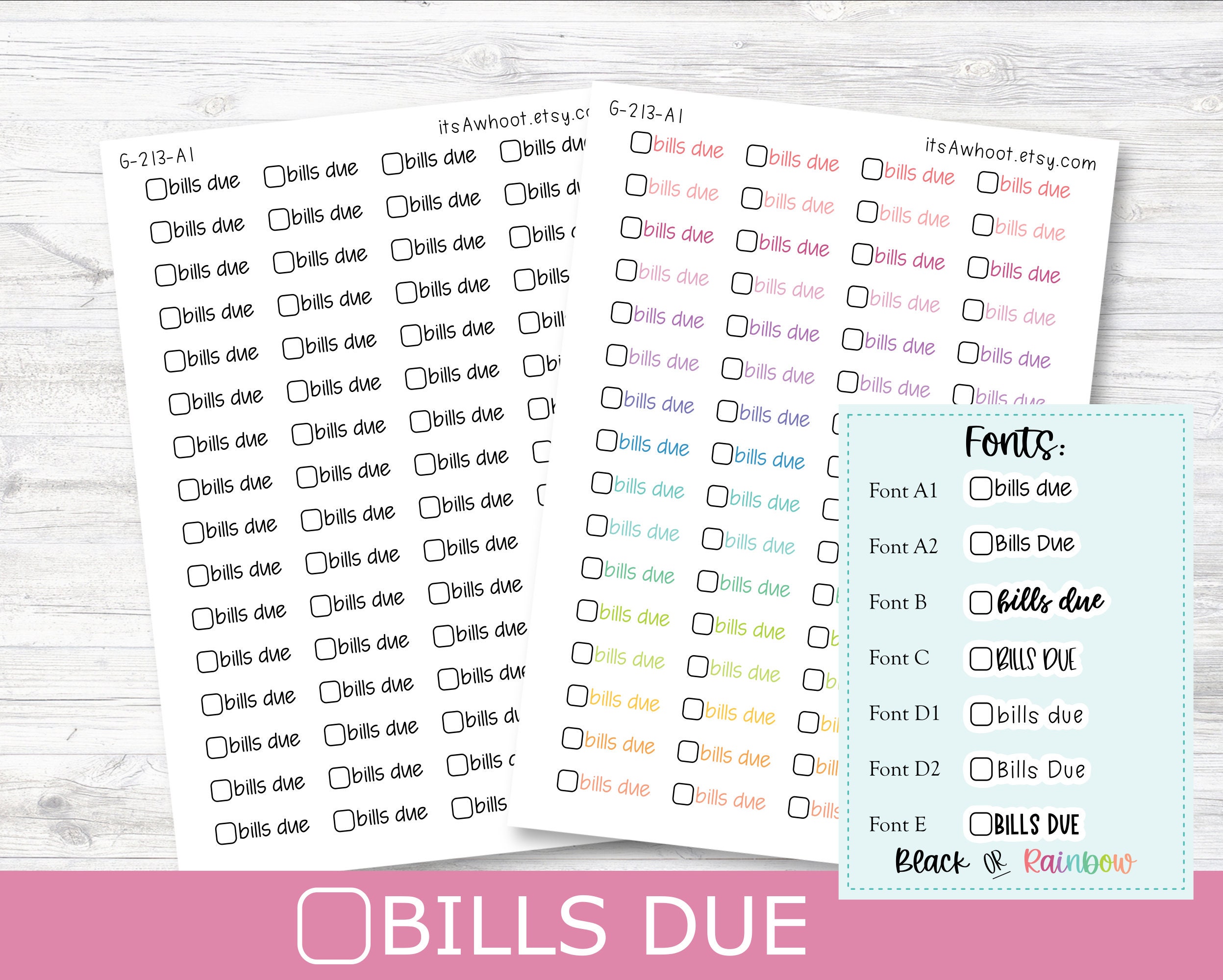 BILLS DUE W/ Checkbox Script Planner Stickers - Multiple Fonts/colors ...