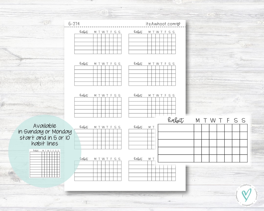 Weekly Habit Tracker Planner Stickers - Sunday or Monday Start/5 or 10 ...
