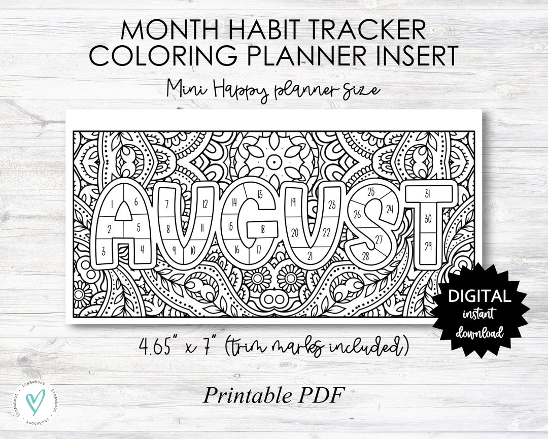 August Habit Tracker Coloring Sheet Printable - Happy Planner MINI Size ...