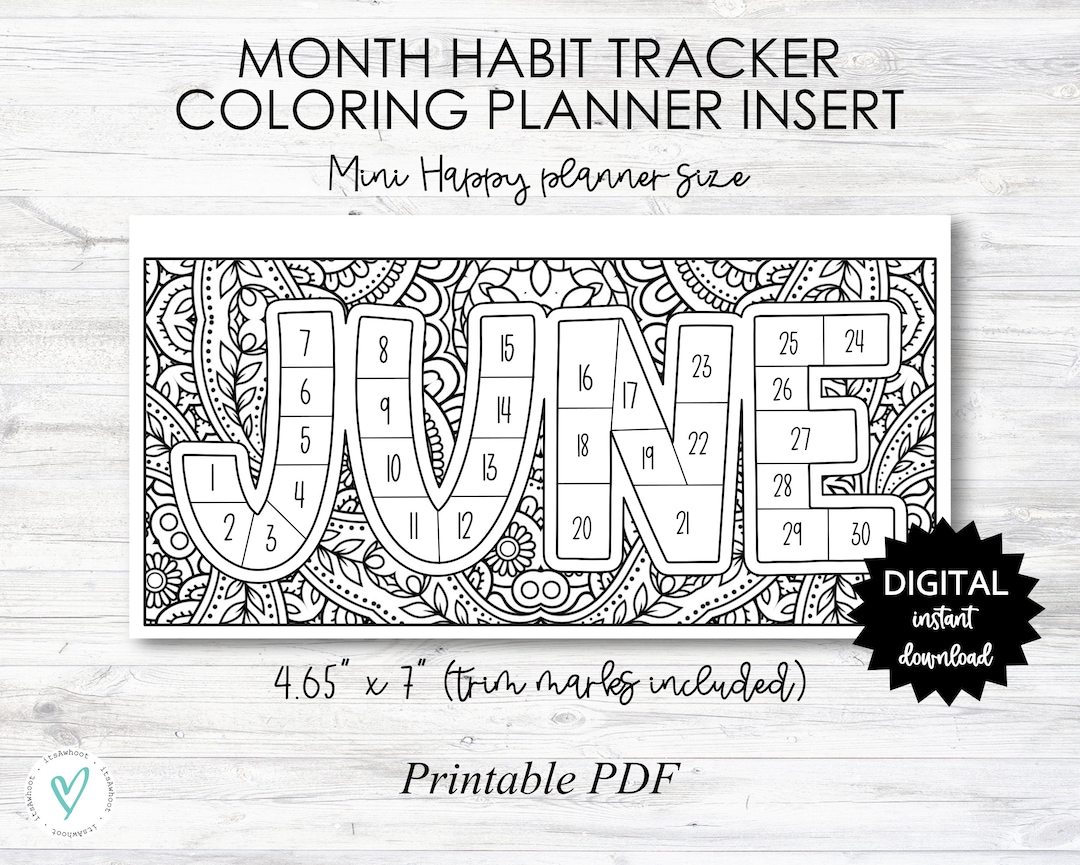 June Habit Tracker Coloring Sheet Printable - Happy Planner MINI Size ...